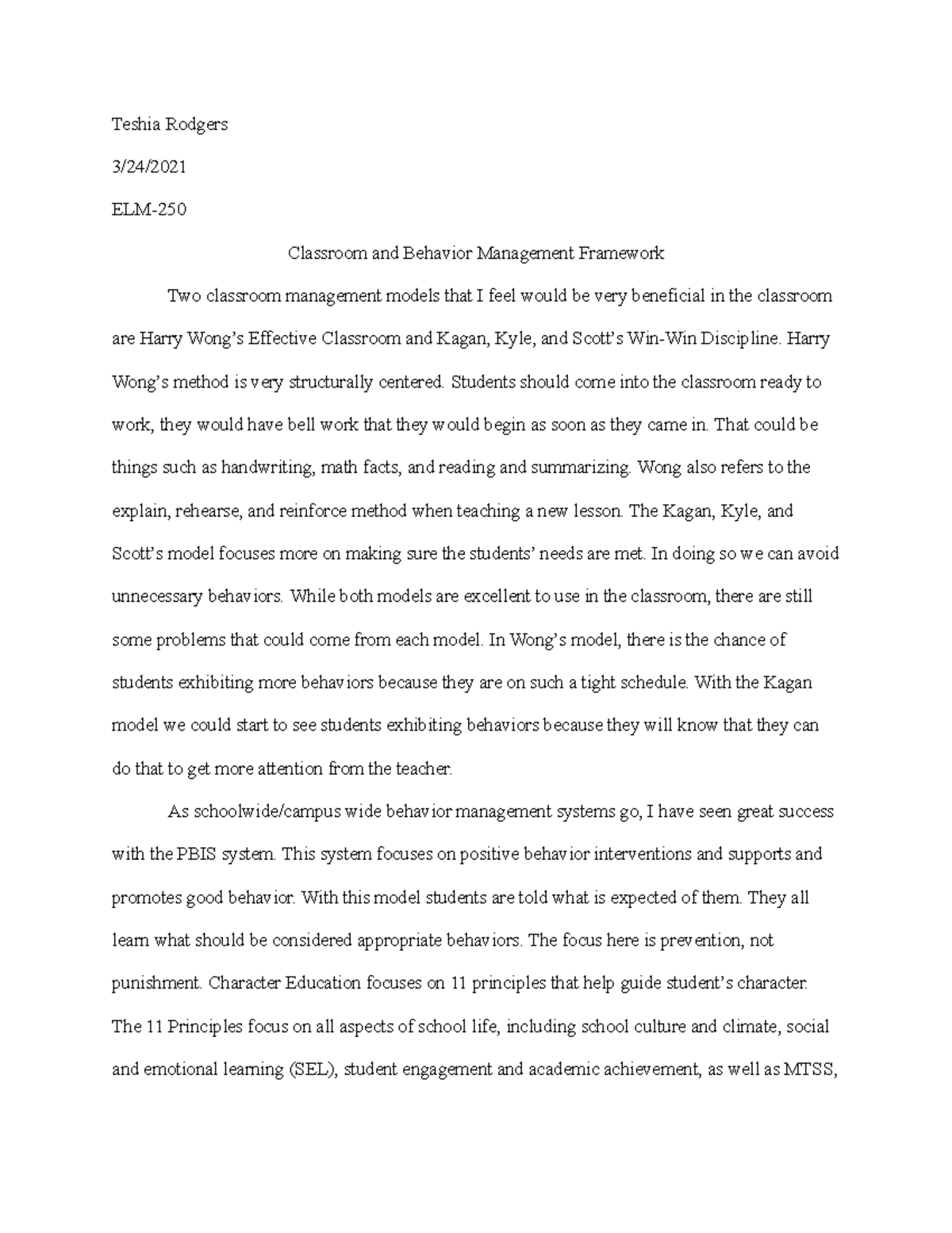 Classroom and Behavior Management Strategies in ELM-250 Assignment ...