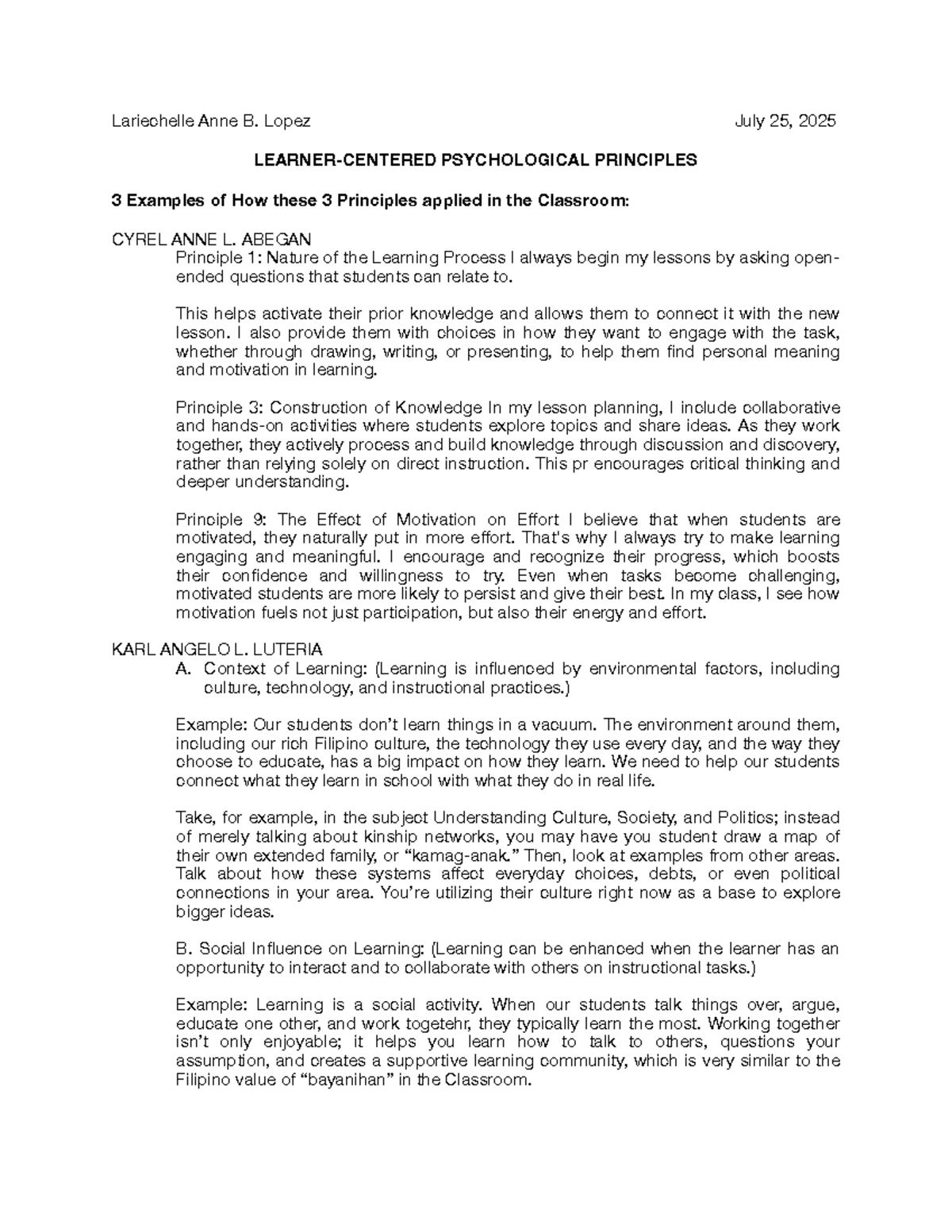 PSYCHOLOGICAL PRINCIPLES 3: Classroom Applications & Reflections - Studocu