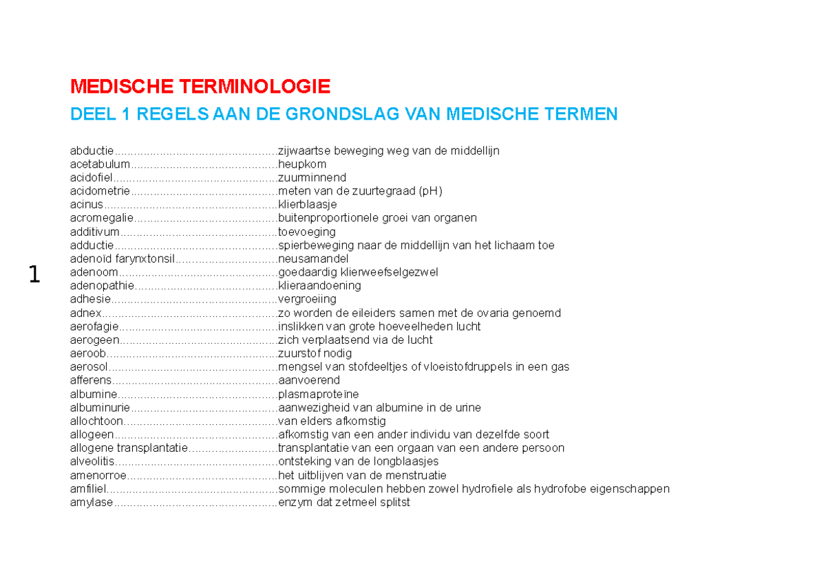 Medische terminologie woordenlijst - MEDISCHE TERMINOLOGIE DEEL 1 ...