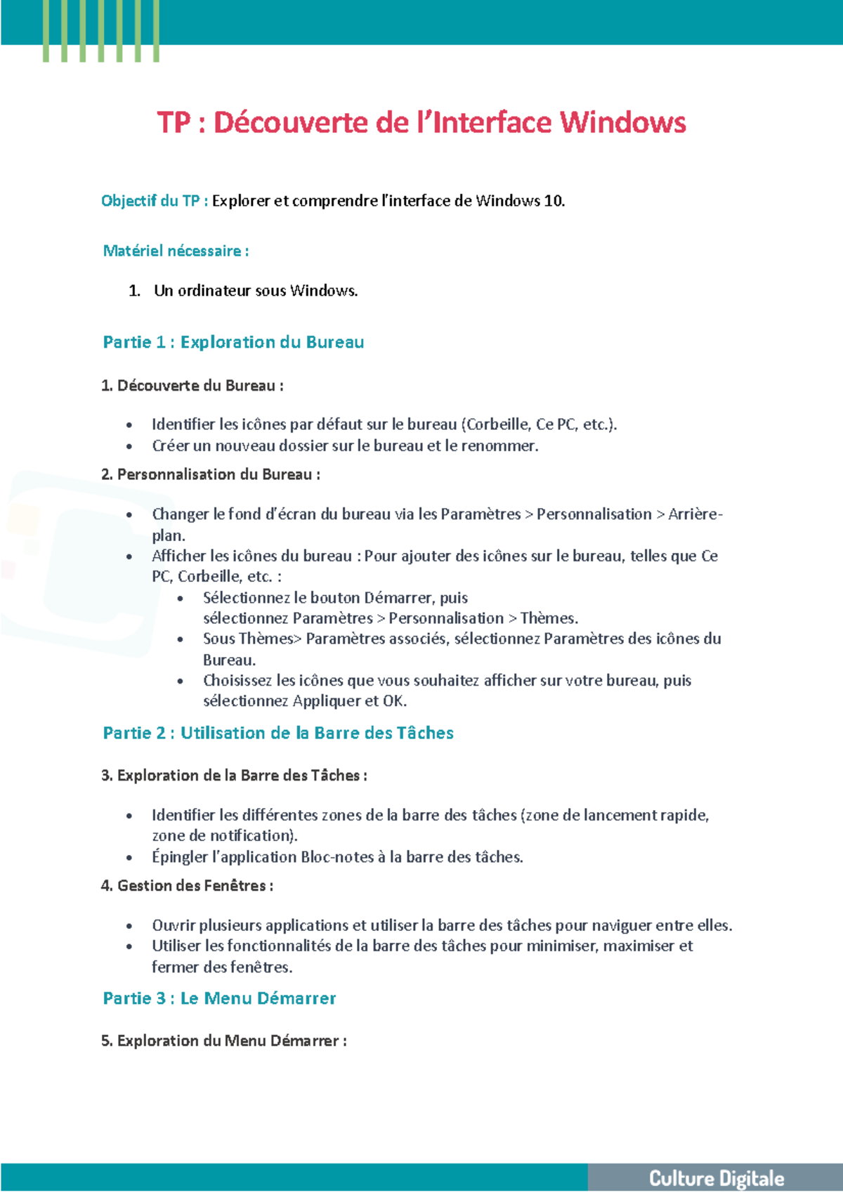 TP : Découverte de l’Interface de Windows 10 pour Débutants - Studocu