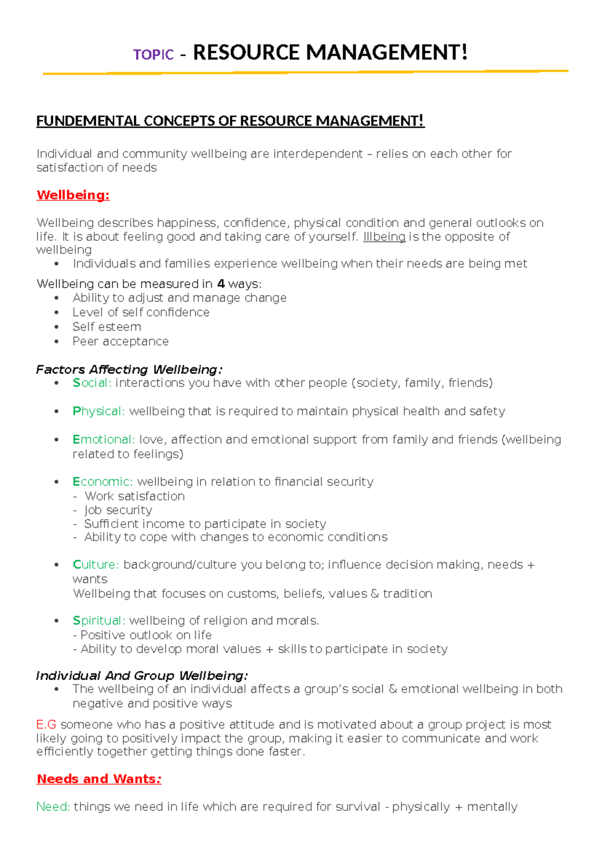 CAFS 101: Resource Management & Wellbeing Concepts Overview - Studocu