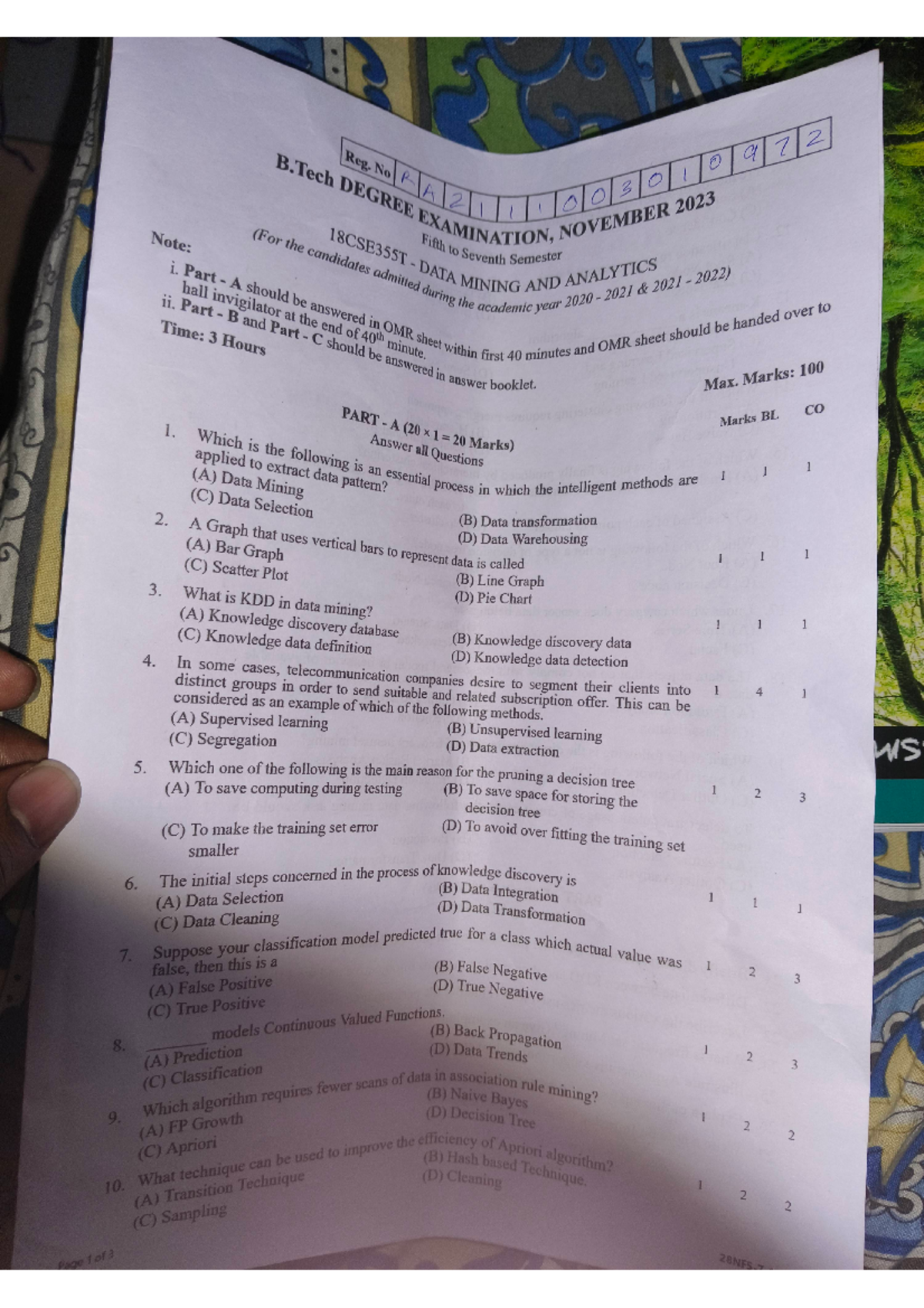 Final Exam 18CSE355T Data Mining and Analytics PYQs - November 2023 - Studocu