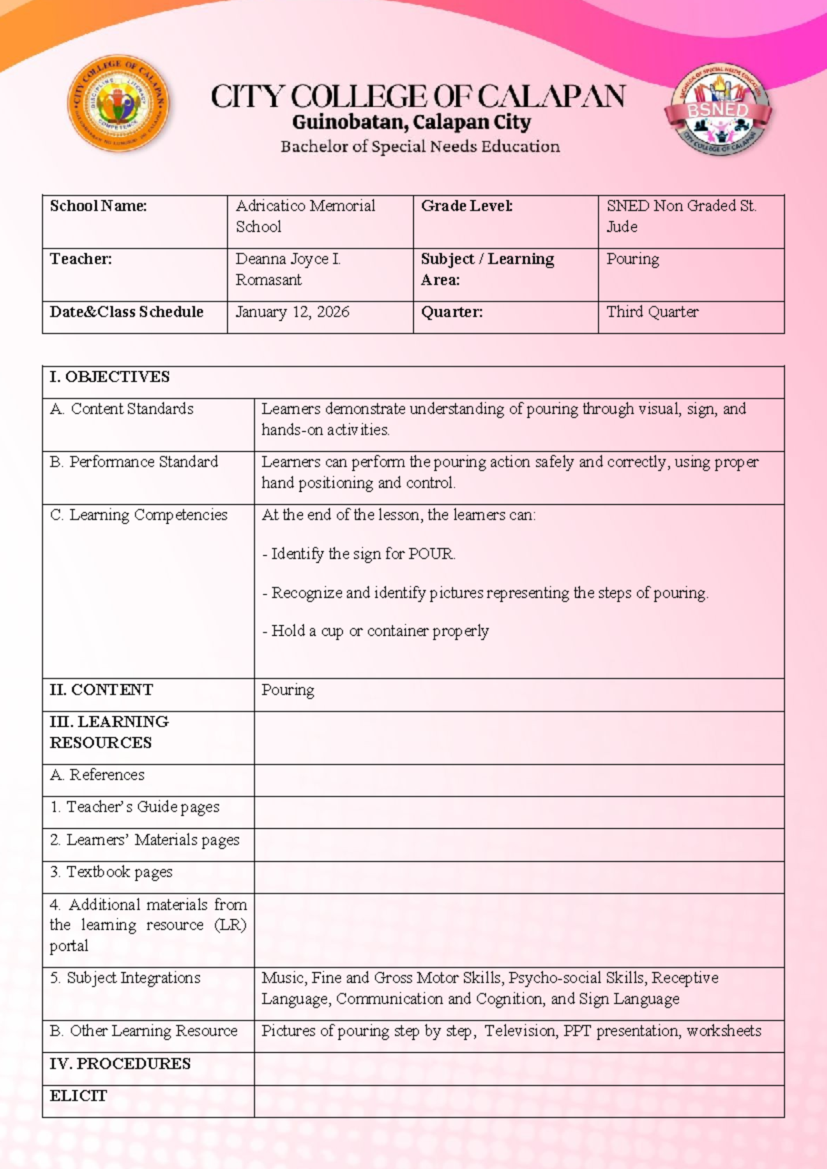 ST-JUDE-Third Quarter Lesson Plan: Pouring Skills - Studocu
