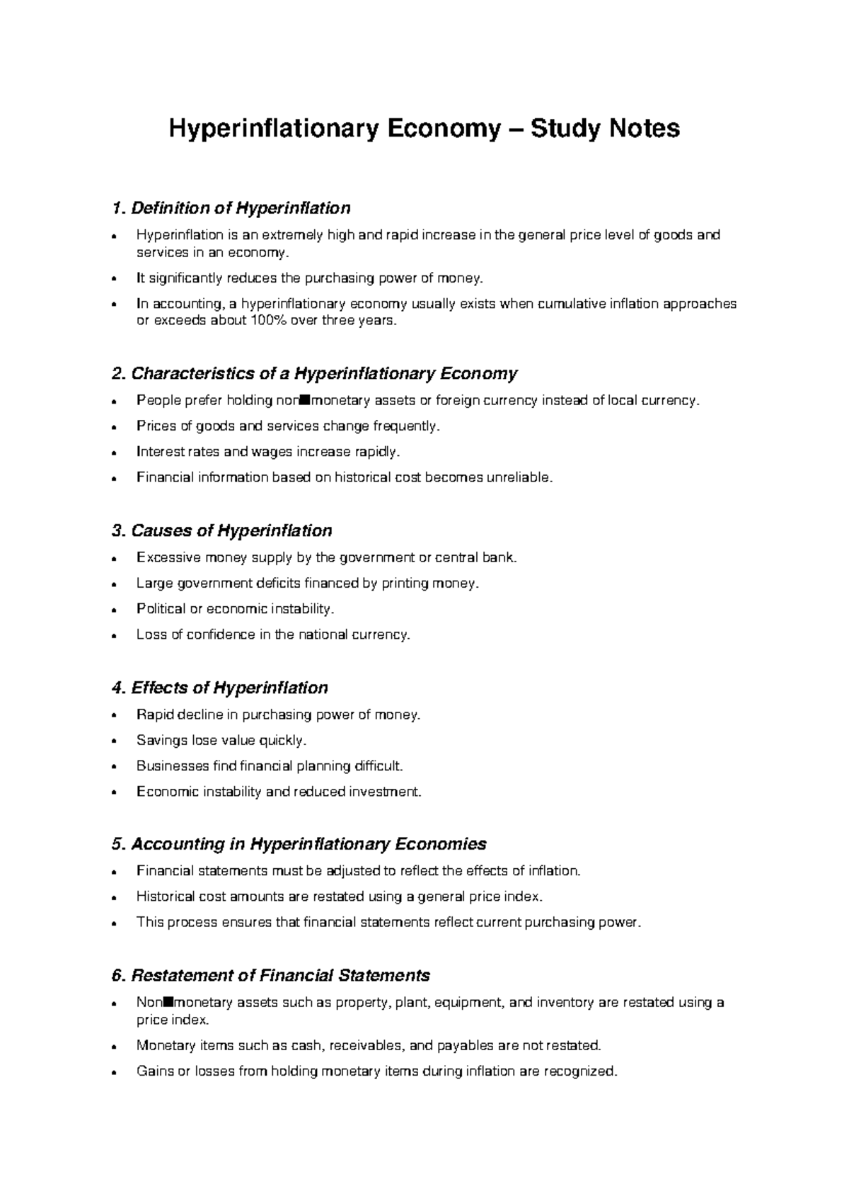 Hyperinflationary Economy Study Notes: Key Concepts and Impacts - Studocu