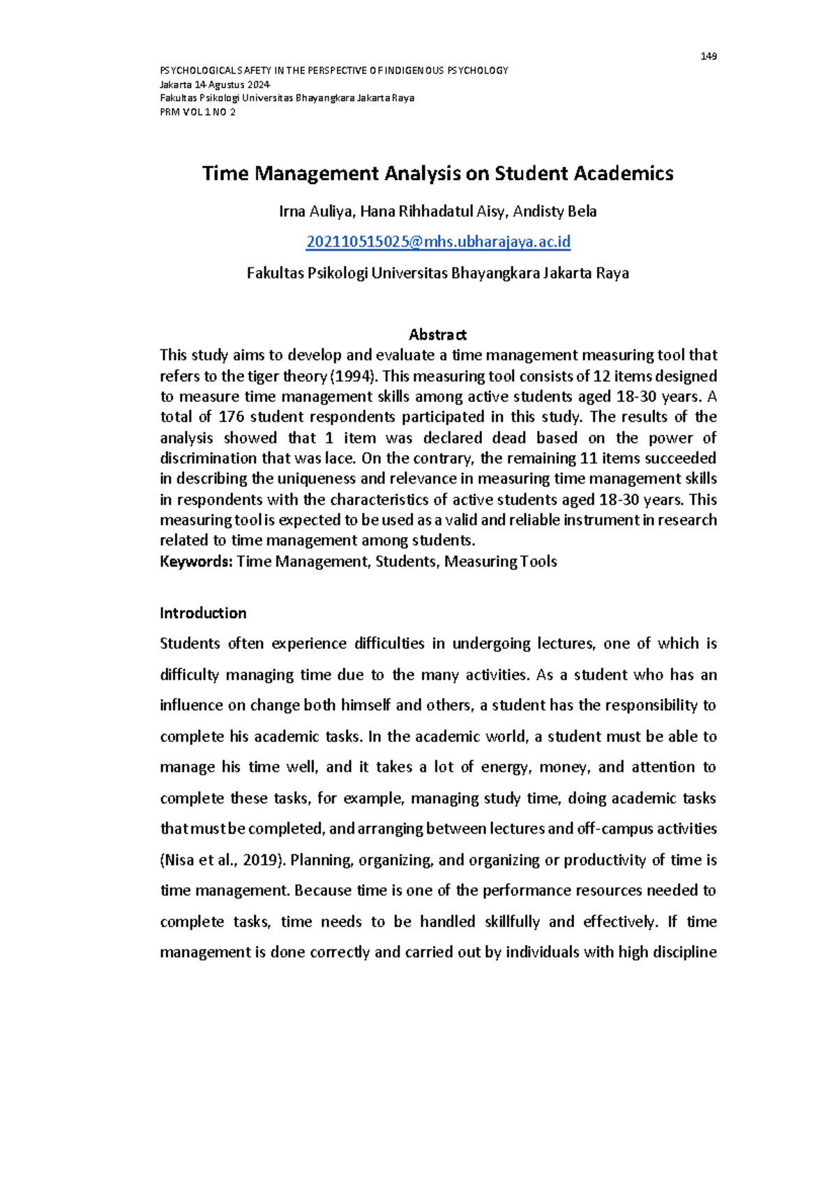 Time Management Analysis for Student Academics (PRM VOL 1 NO 2) - Studocu