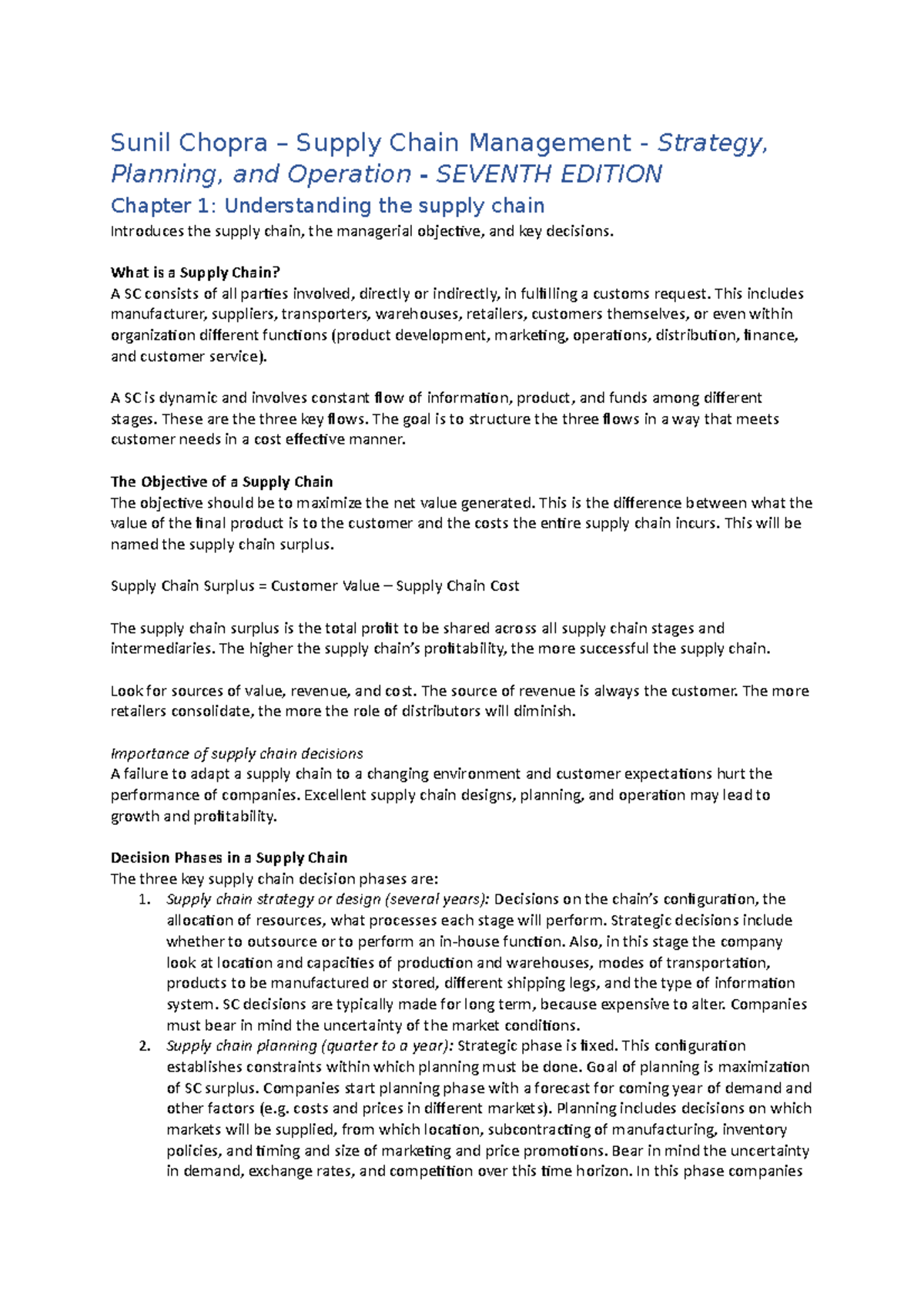 Supply Chain Management (SCM) - Sunil Chopra - 7th Ed. Chapters 1-6, 10 ...