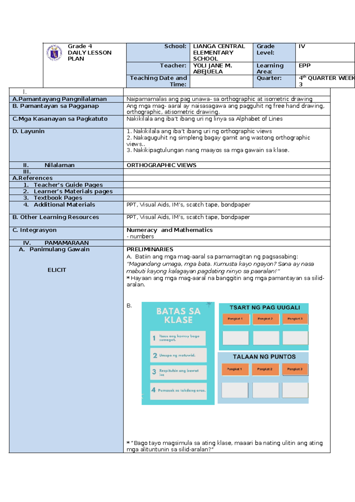 Grade 4 EPP Lesson Plan: Orthographic Views (4th Quarter, Week 3) - Studocu