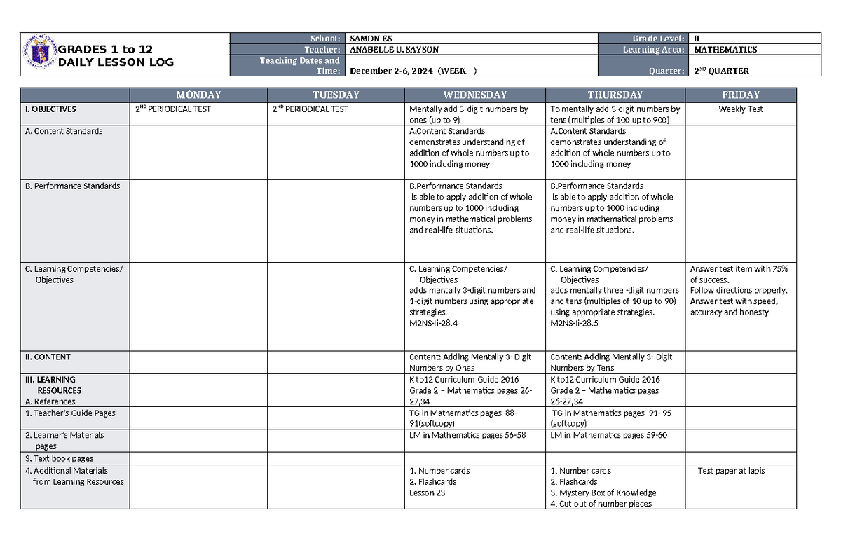 DLL Mathematics 2 Q1 W6awdawd - GRADES 1 to 12 DAILY LESSON LOG School ...