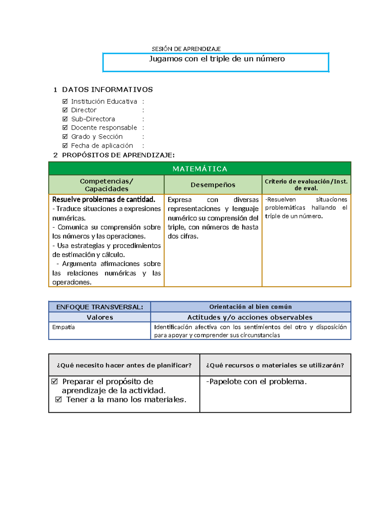 Sesión de Aprendizaje: El Triple de un Número en Matemáticas - Studocu