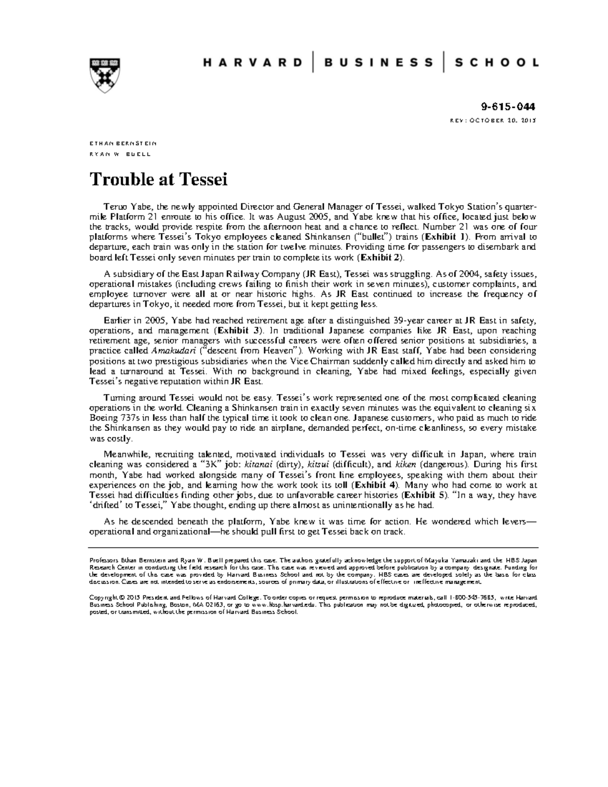 HBS Trouble at Tessei - 9 - 615 - 044 R E V : O C T O B E R 2 0 , 2 0 1 ...