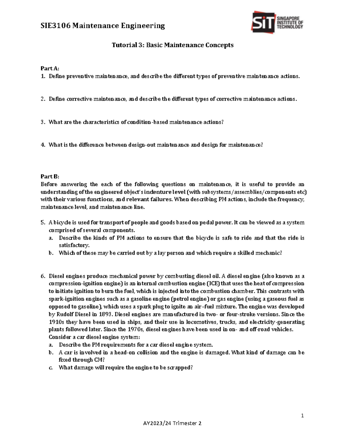 SIE3106 Tutorial 3: Basic Concepts of Maintenance Engineering - Studocu