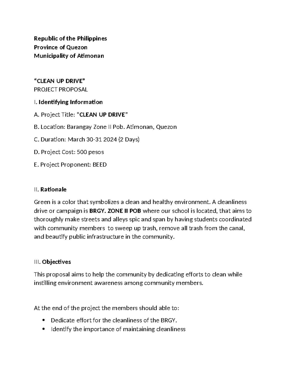 BEED ARTS Project Proposal: Clean Up Drive in Atimonan, Quezon - Studocu