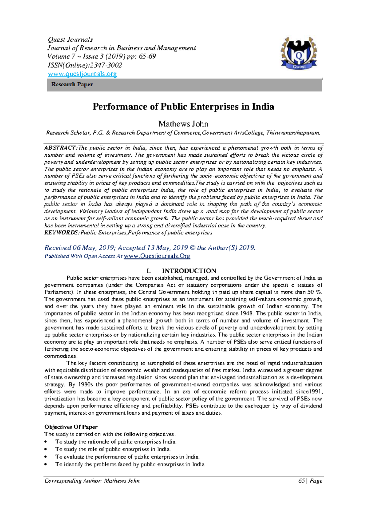 Performance of Public Enterprises in India: A Study (2019) - Studocu