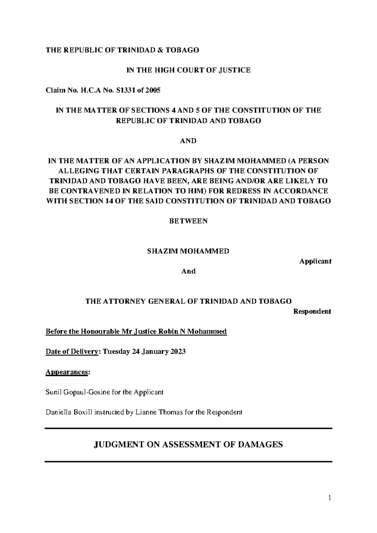 Judgment on Assessment of Damages: Shazim Mohammed v. AG Trinidad ...