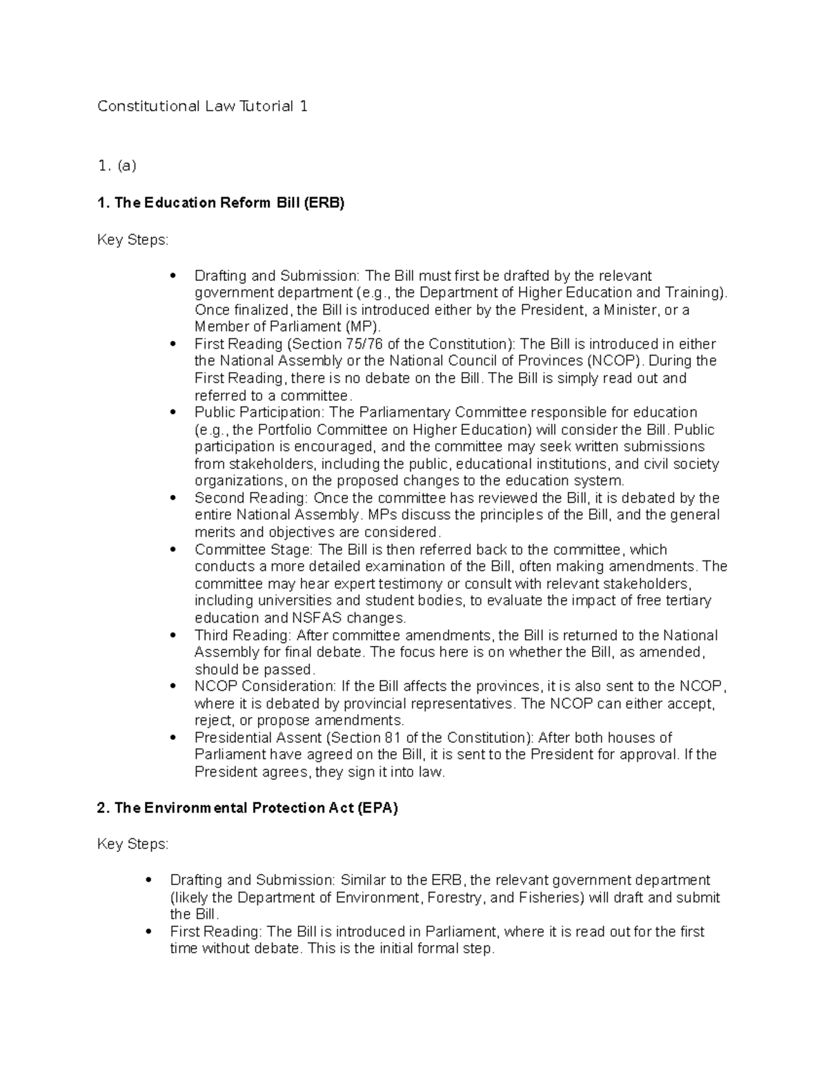 Constitutional Law Tutorial 1: Key Steps in Legislative Process of Bills - Studocu