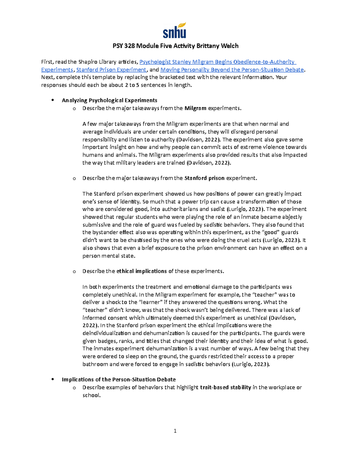 PSY 328 Module Five Activity Brittany Welch - Next, complete this template by replacing the ...