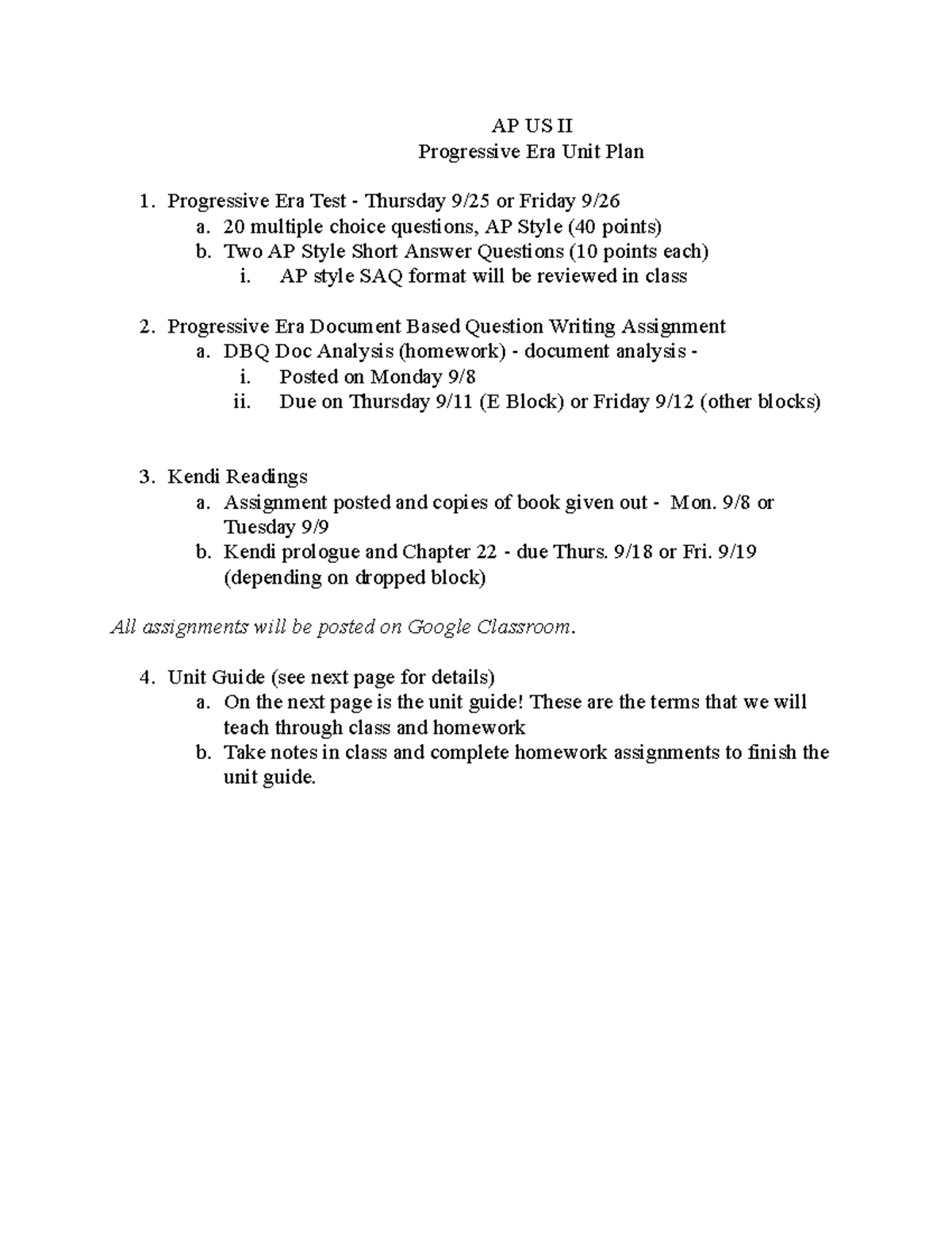 AP US II: Progressive Era Unit Plan & Test Details - Studocu