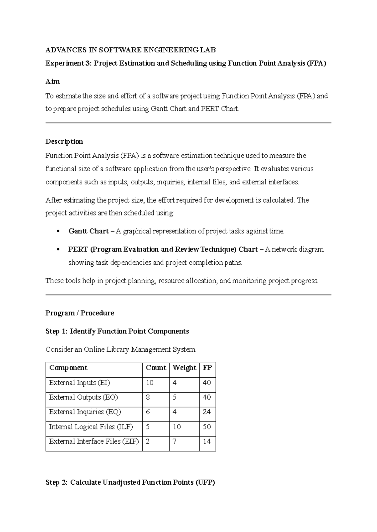 ADVANCES IN SOFTWARE ENGINEERING LAB Experiment 3: FPA for Project ...