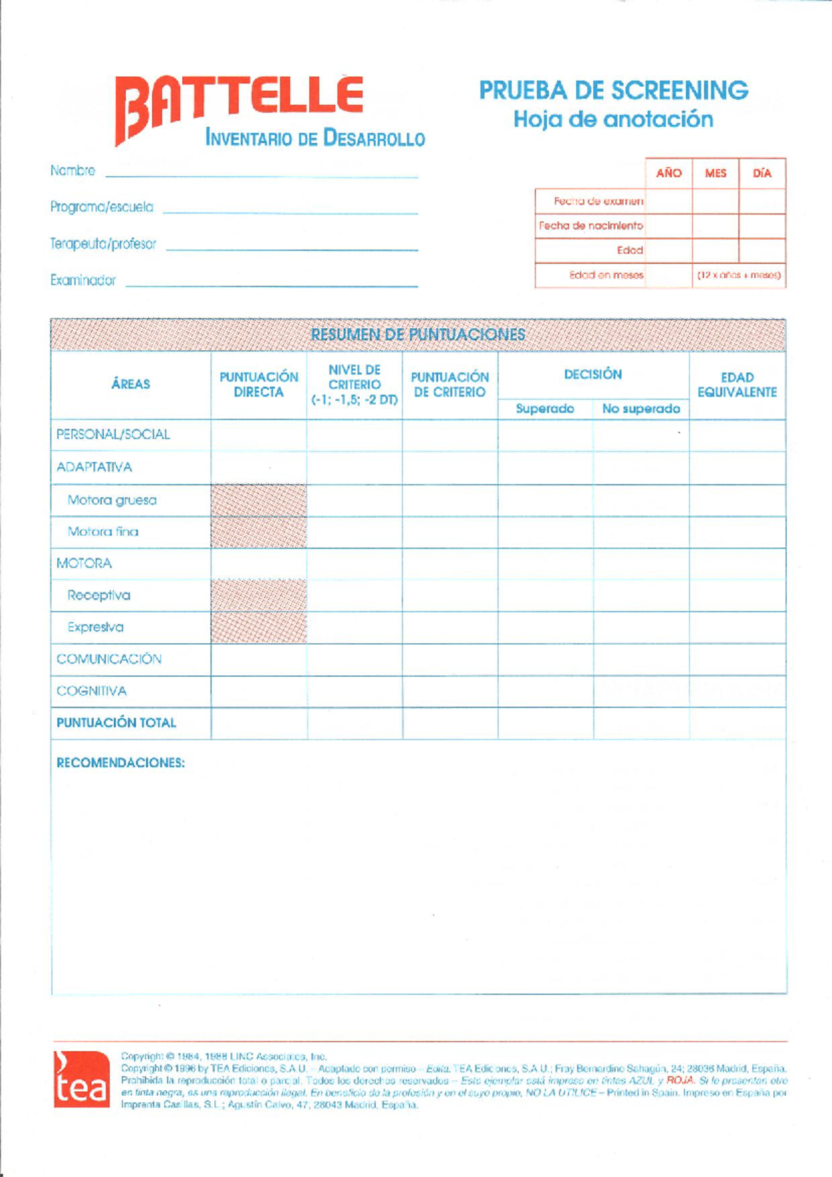 Hoja de Anotación Protocolo Batelle Screening - Desarrollo Infantil ...