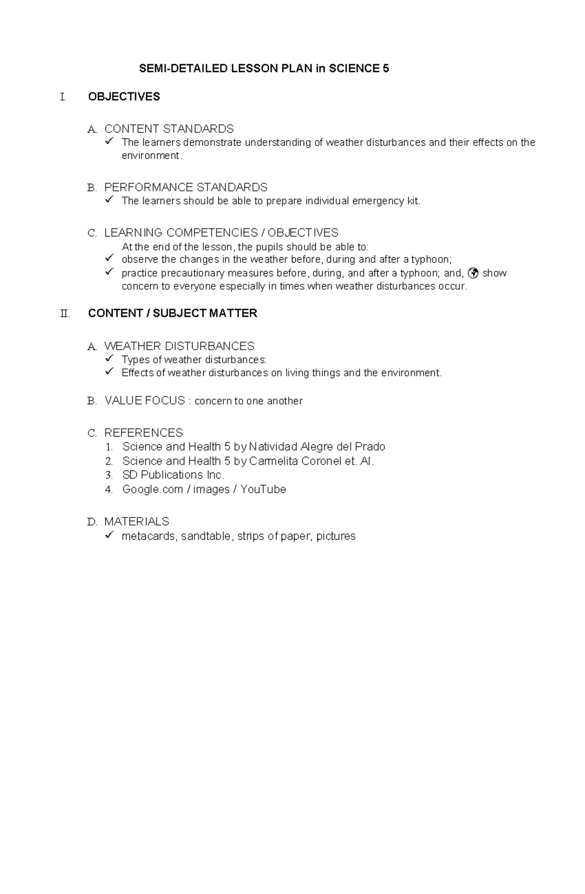 Semi-Detailed 5Es Lesson Plan on Weather Disturbances for Science 5 ...