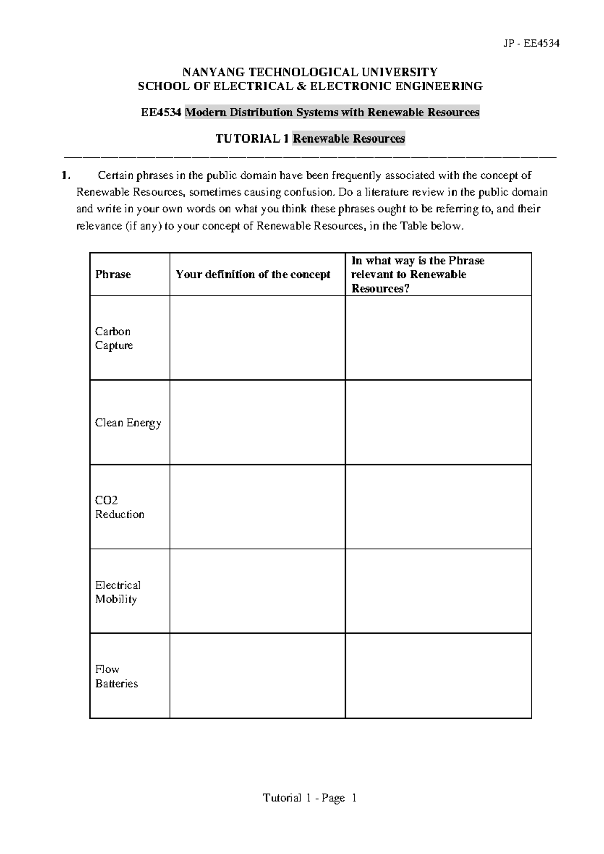 EE4534 Tutorial 1 solution - JP - EE Tutorial 1 - Page 1 NANYANG ...