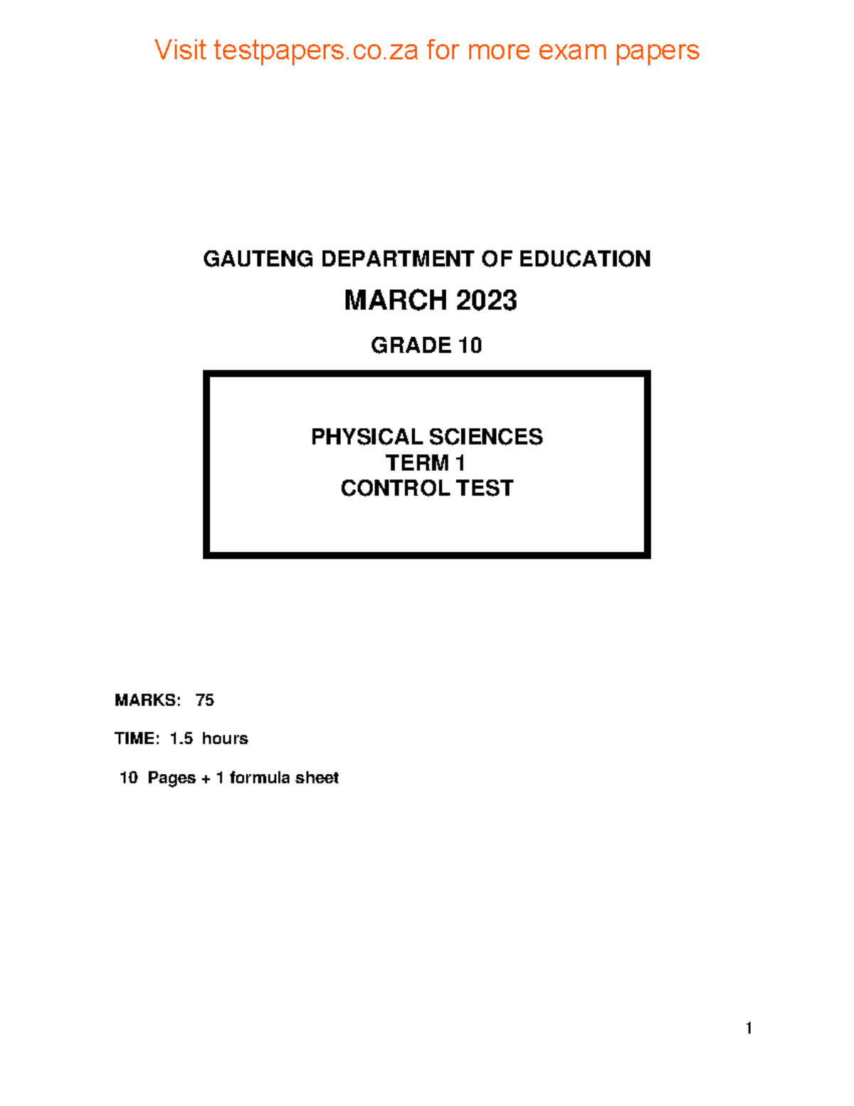 Gr 10 PHSC Term 1 2023 Controlled Test Question Paper - Studocu