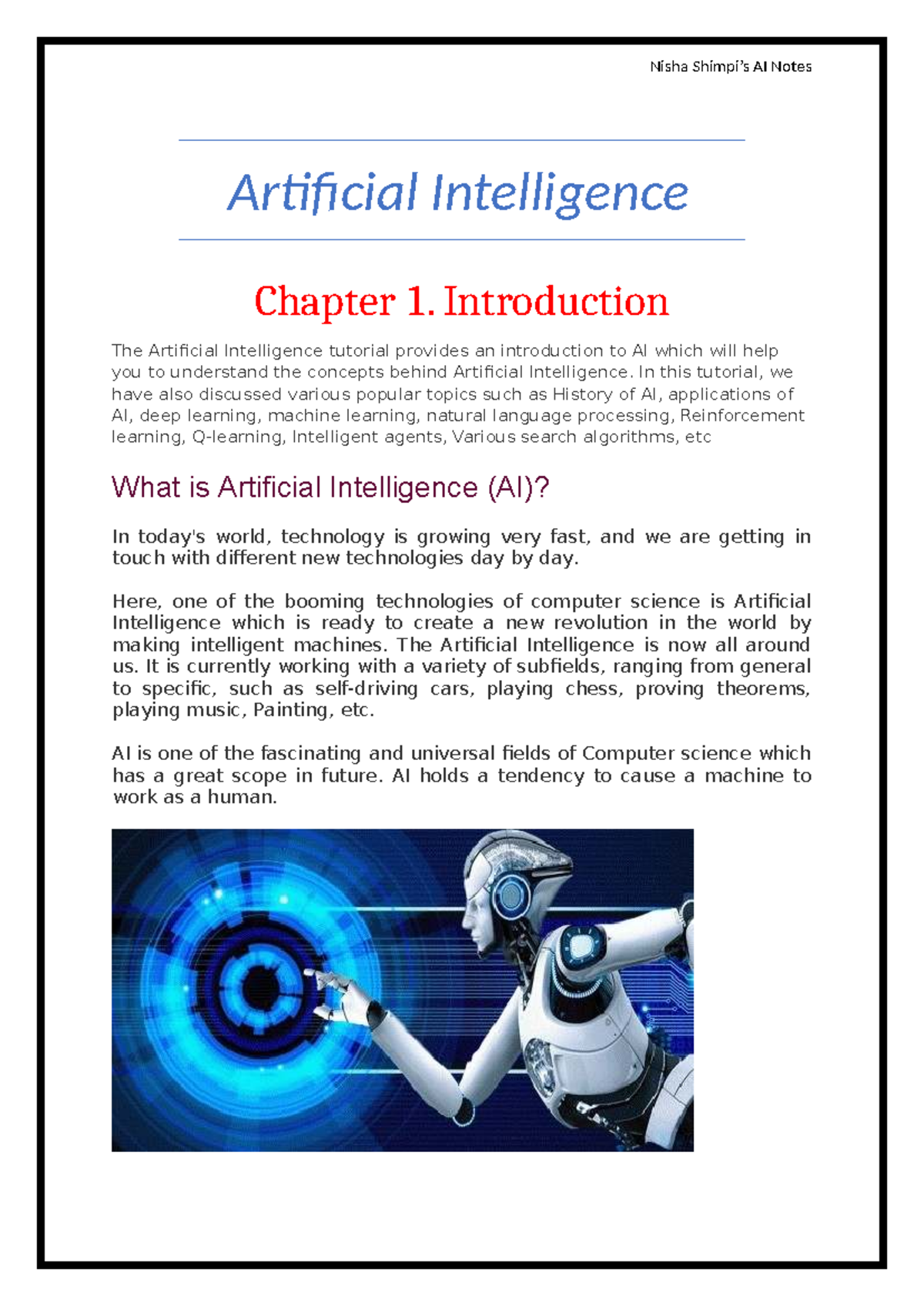 Nisha AI Notes: Introduction to Artificial Intelligence (AI) - Chapter ...
