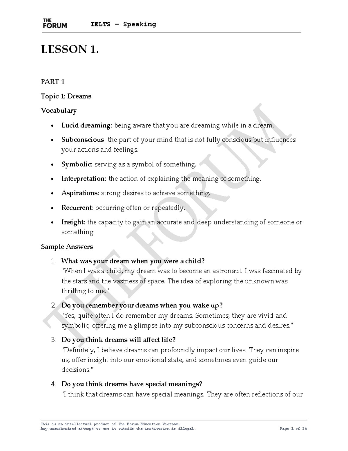 IELTS Speaking LESSON 1: Dreams, Mobile Phones, Talents, and More - Studocu