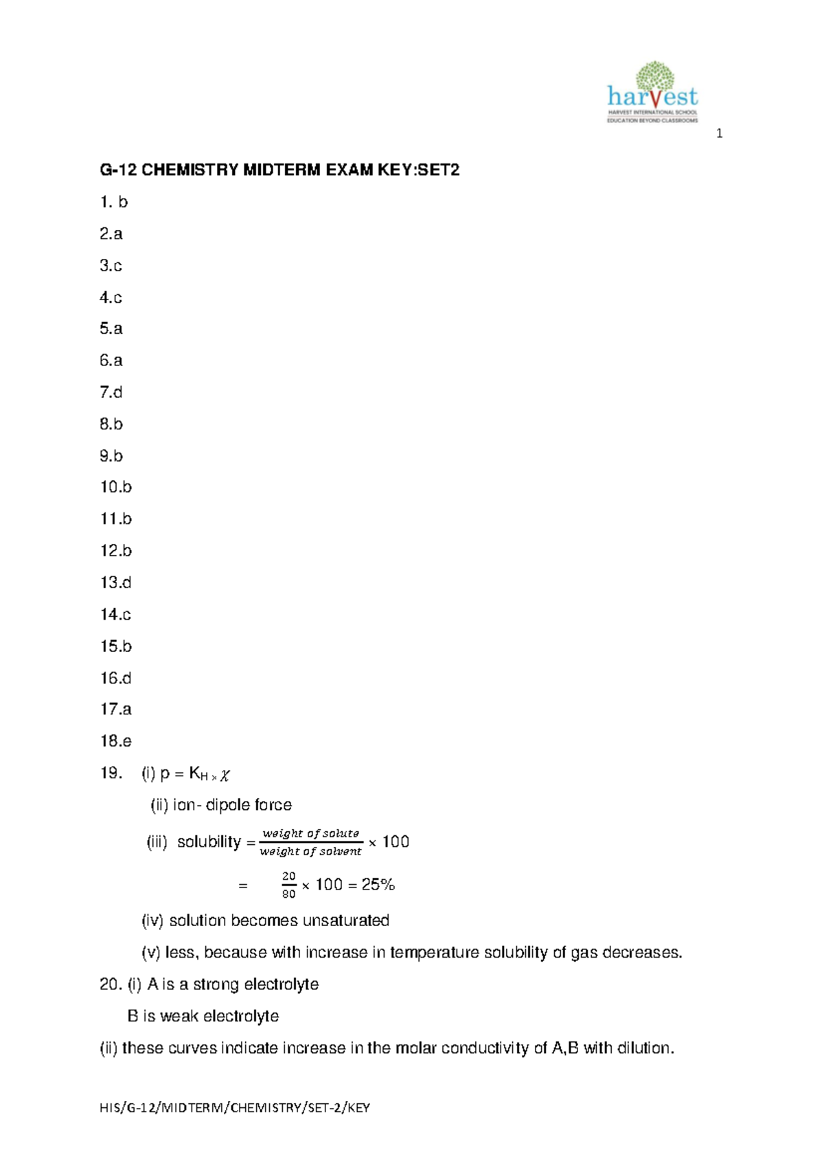 G-12 Chemistry Midterm Exam Key: Set 2 Answers - Studocu