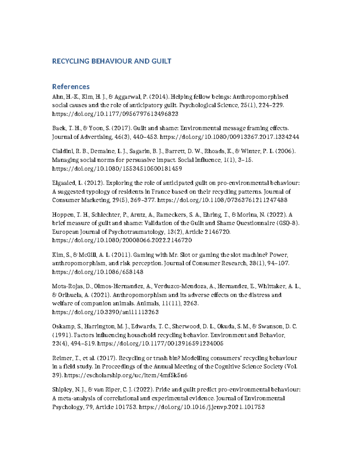 Recycling Behavior and Guilt: APA 7 Reference Page Analysis - Studocu