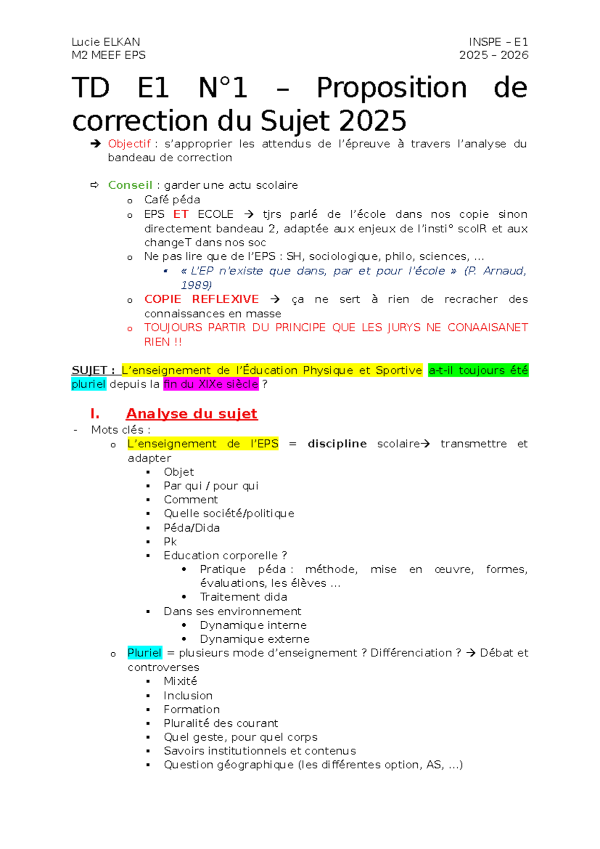 TD E1 N°1 - Correction Proposition Sujet 2025 - Lucie ELKAN M2 MEEF EPS - Studocu