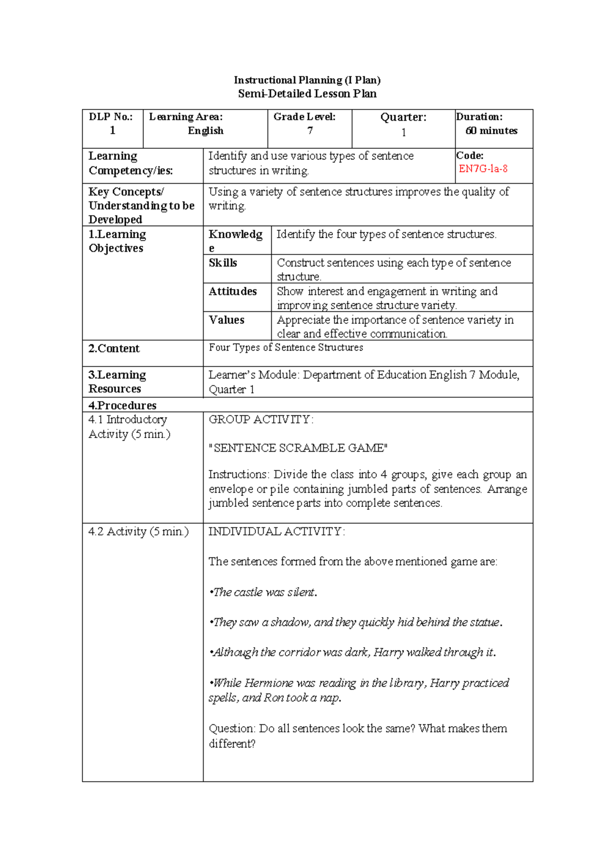 EL-121 Lesson Plan: Exploring Sentence Structures in English 7 - Studocu