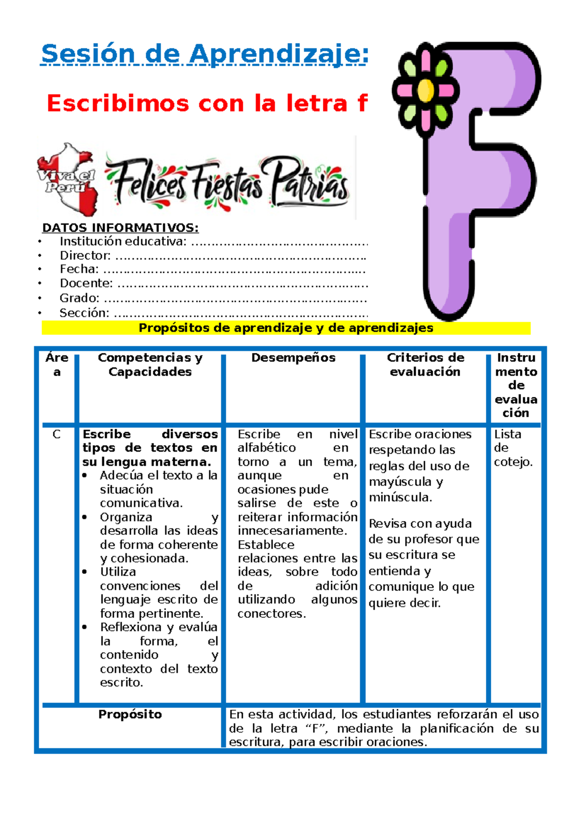 1° Sesión de Aprendizaje: Escribimos con la Letra F - COM - Studocu