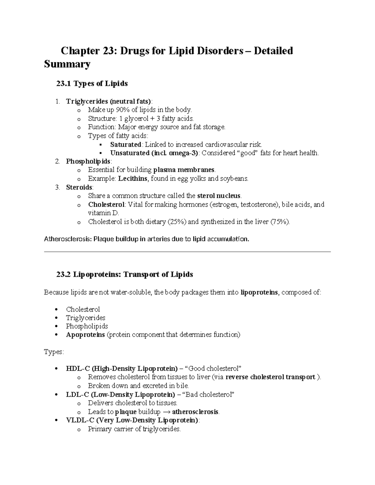 Chapter 23: Summary of Drugs for Lipid Disorders and Management - Studocu