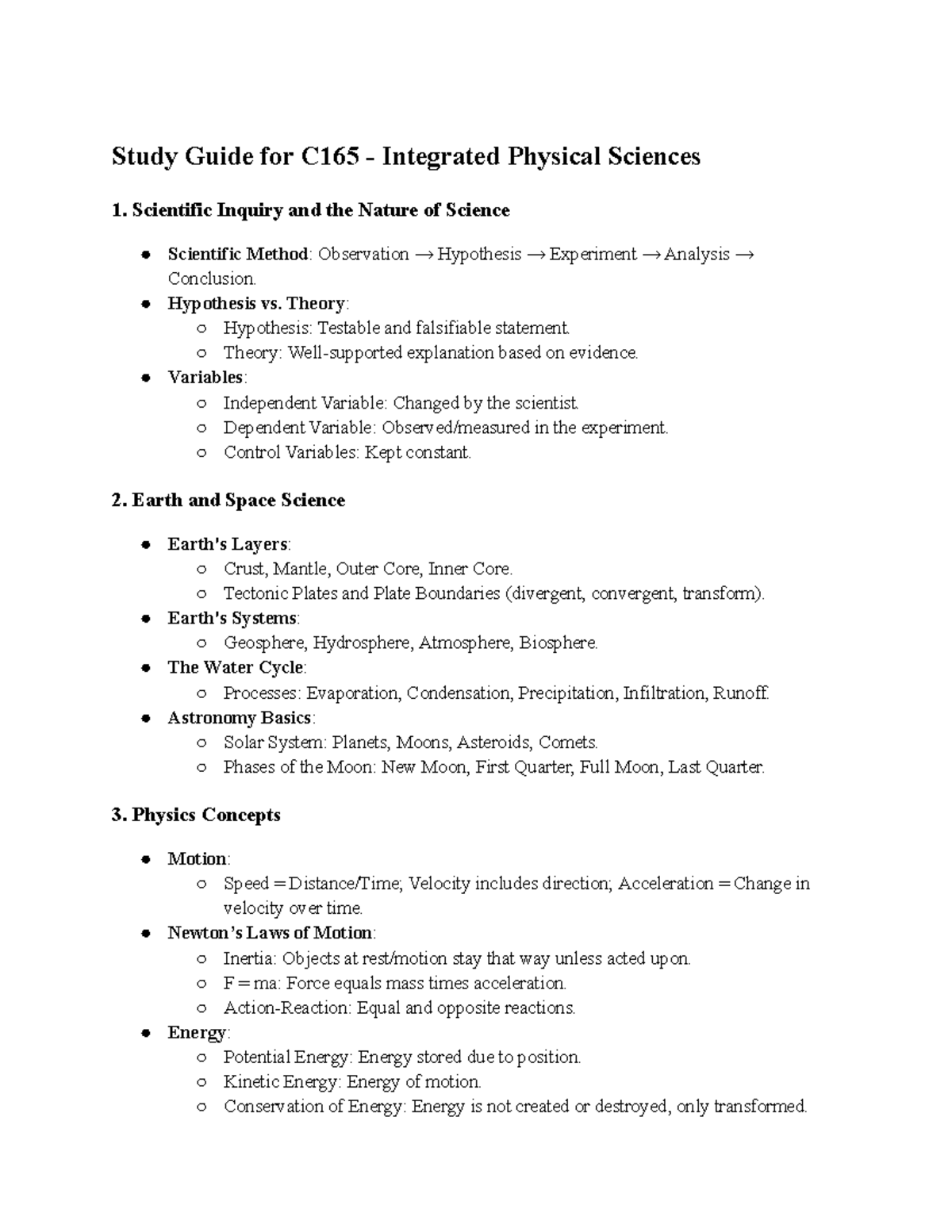 Comprehensive Study Guide for C165 - Integrated Physical Sciences - Studocu