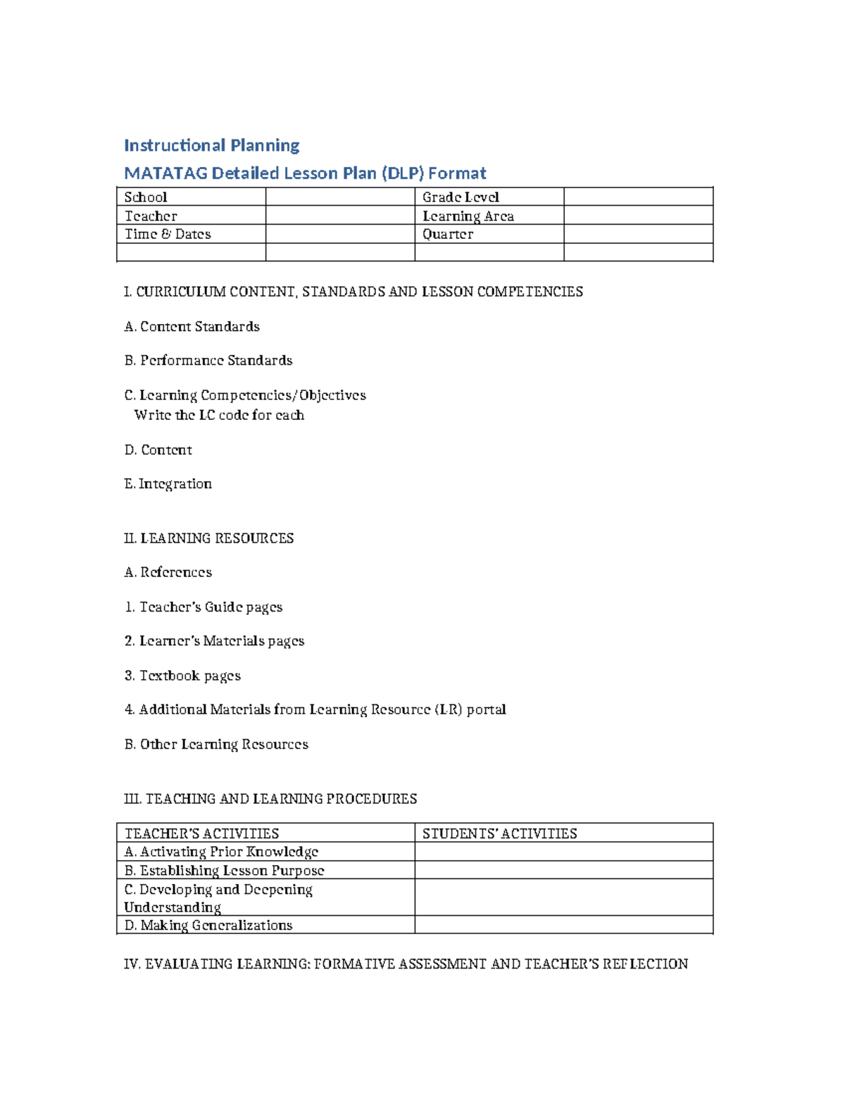 MATATAG DLP Template: Detailed Lesson Plan Format - Studocu