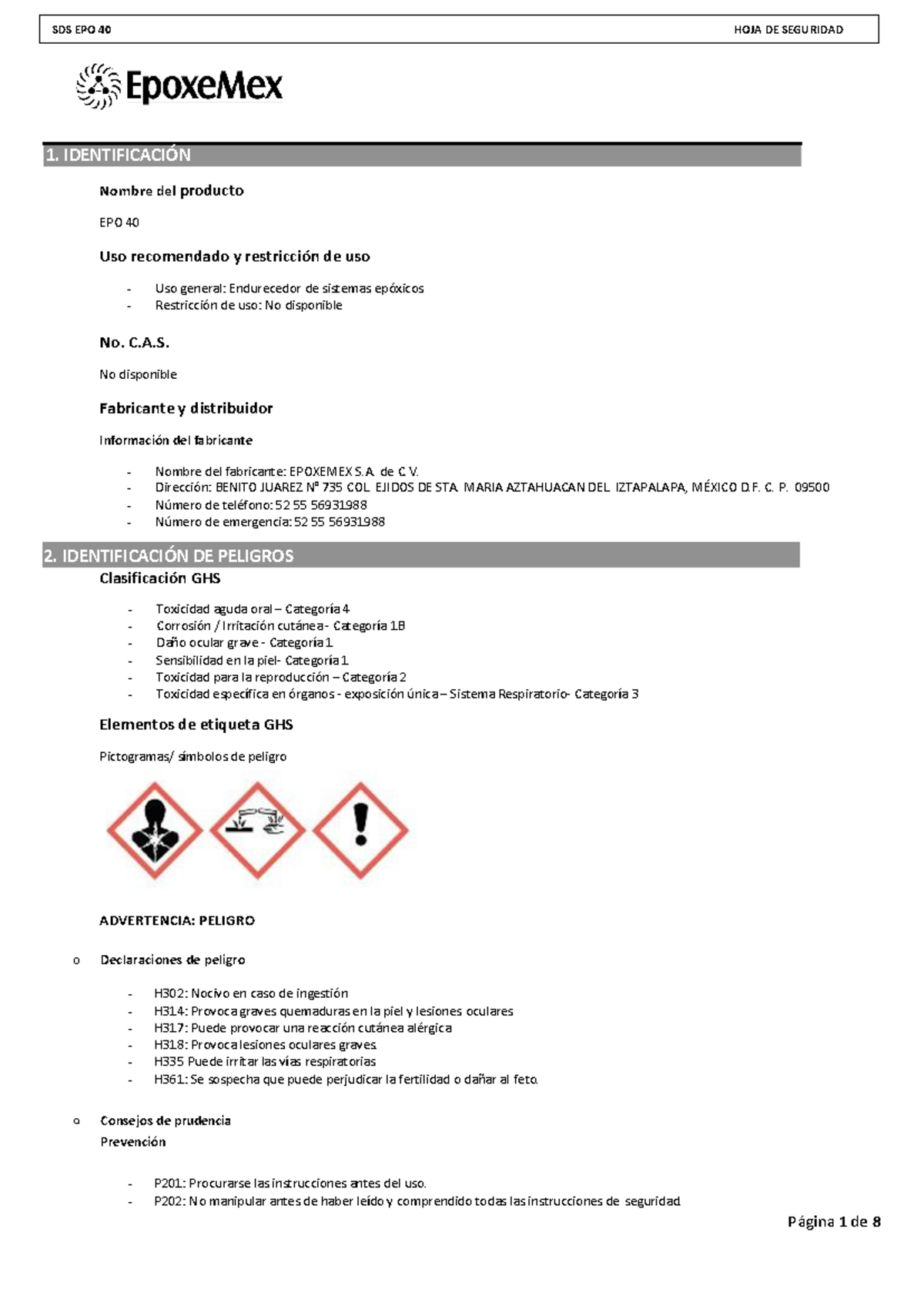 SDS EPO 40 - Fichas Técnicas y Seguridad del Endurecedor Epóxico - Studocu