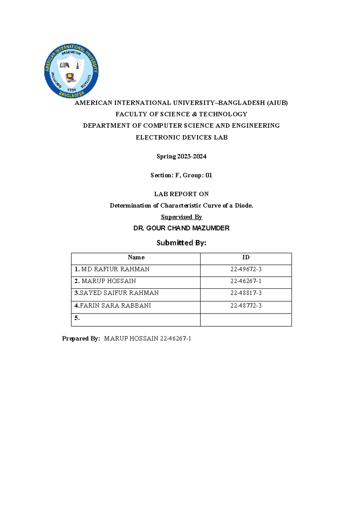 Determination of Characteristic Curve of a Diode - Supervised By DR. GOUR CHAND MAZUMDER ...