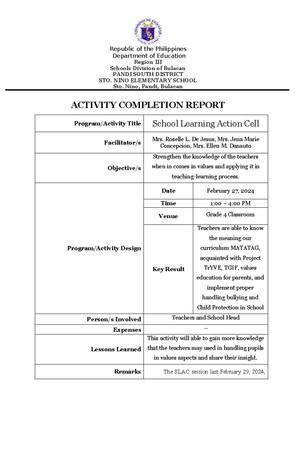 SLAC Activity Completion Report - February 29, 2024 - Studocu
