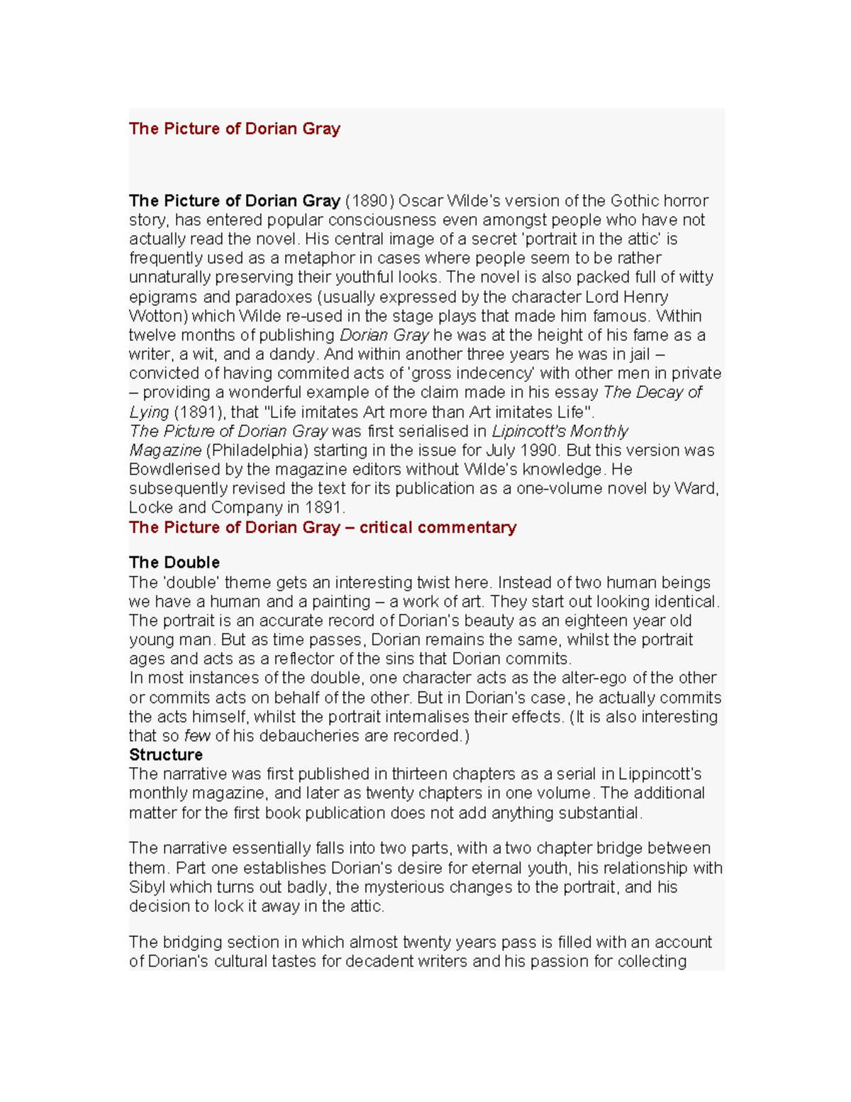 Study Guide: The Picture of Dorian Gray (ENG 101) - Studocu