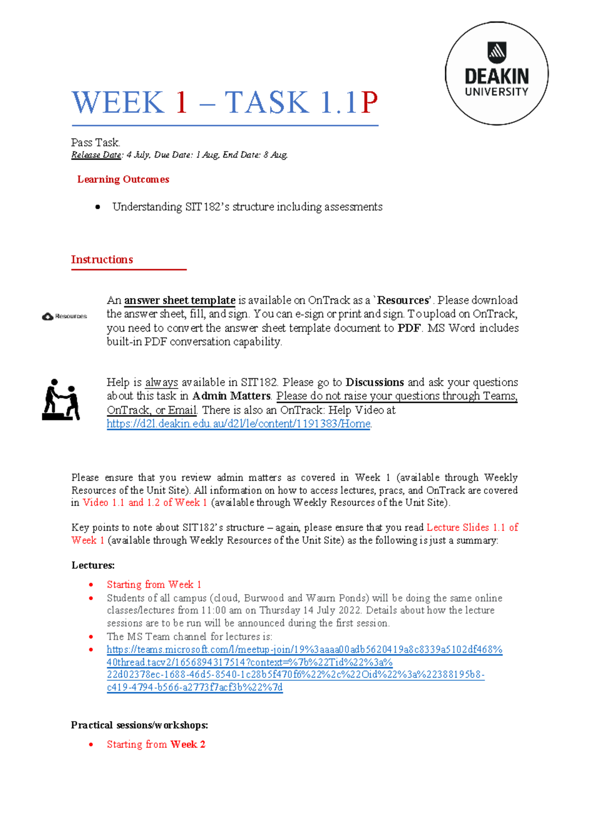 SIT182-1 - SIT182-1 - WEEK 1 – TASK 1 .1P Pass Task. Release Date: 4 ...