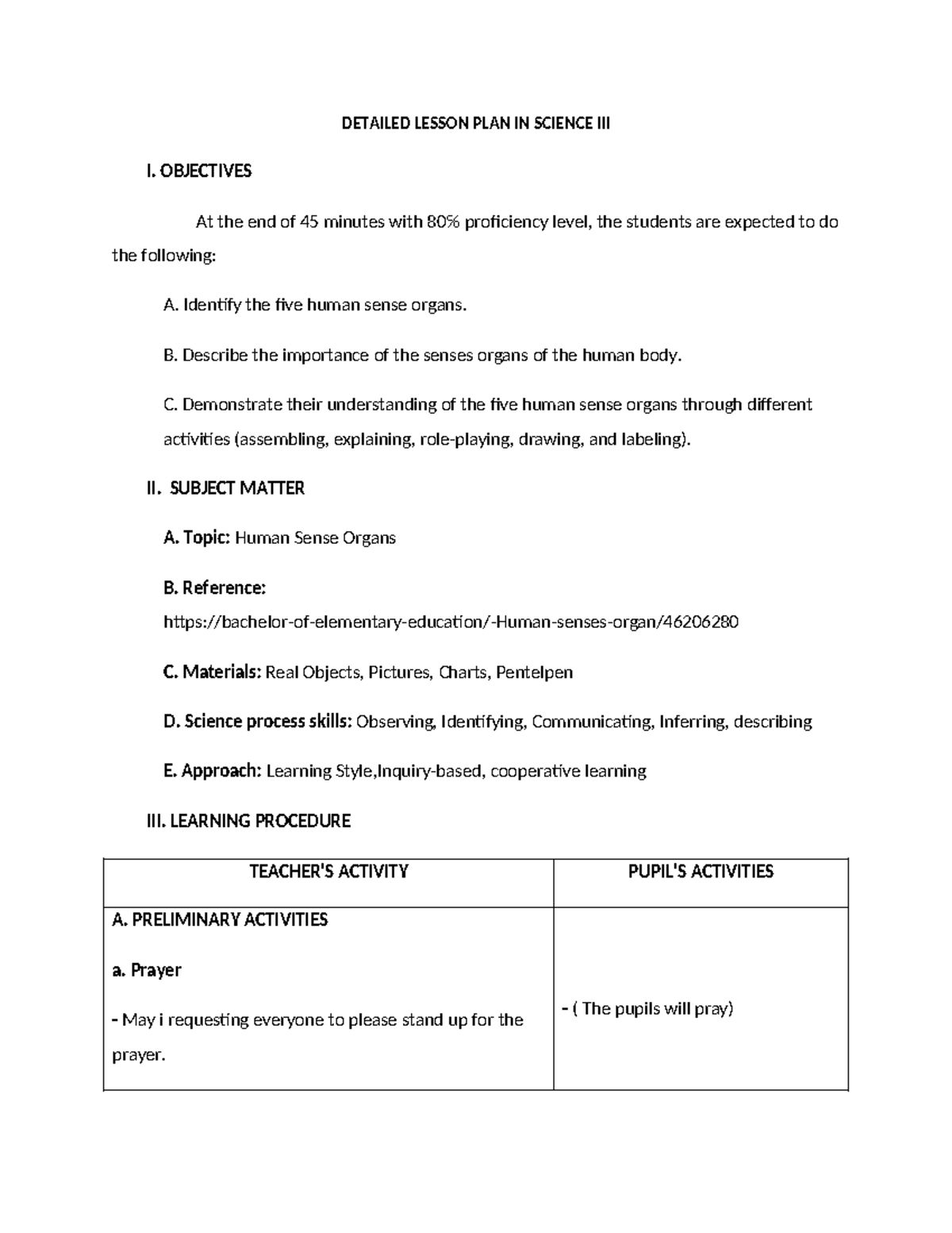 RU ANN SCIENCE I FINAL LESSON PLAN: HUMAN SENSE ORGANS - Studocu