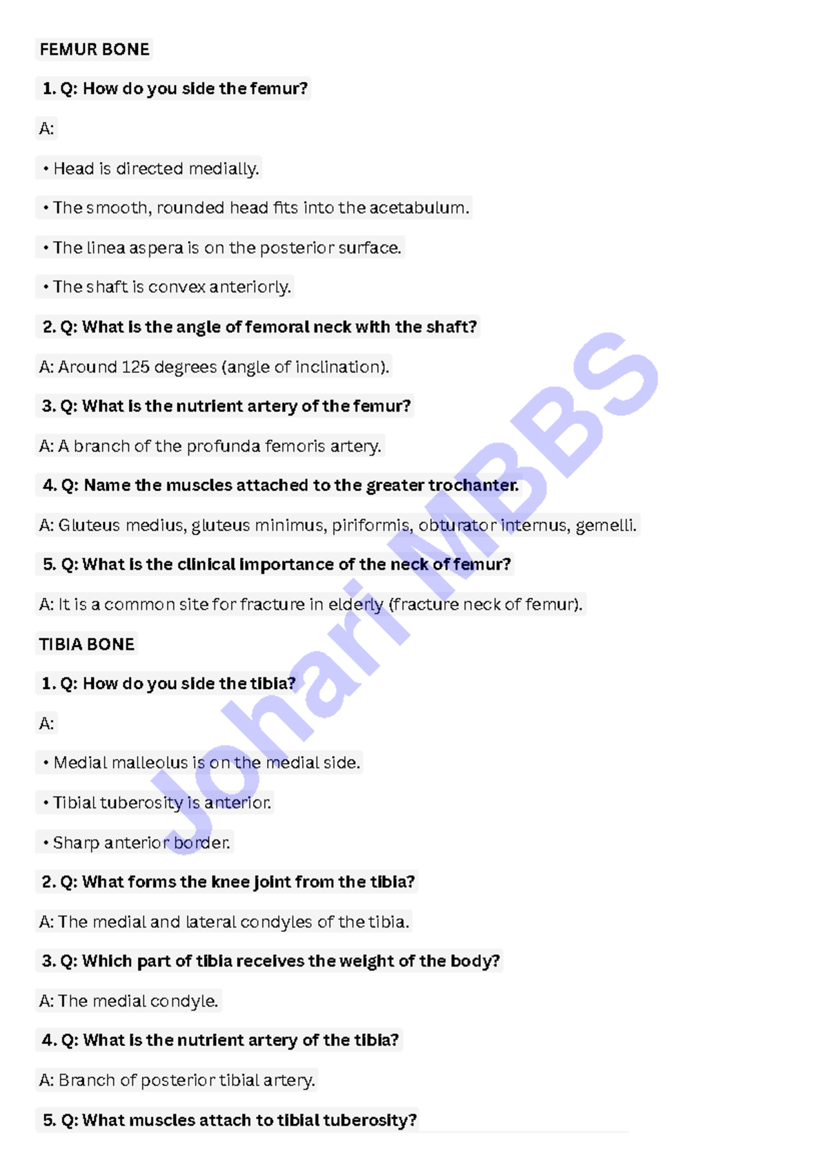 Lower Limb Bones Practical VIVA Questions (MBSS) - Studocu