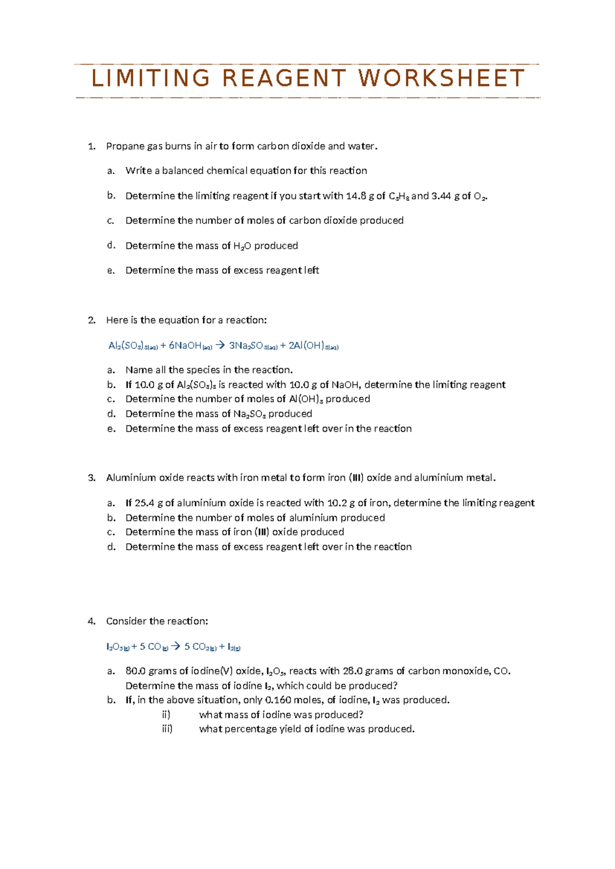 Limiting Reagent Worksheet: Stoichiometry Problems and Solutions - Studocu