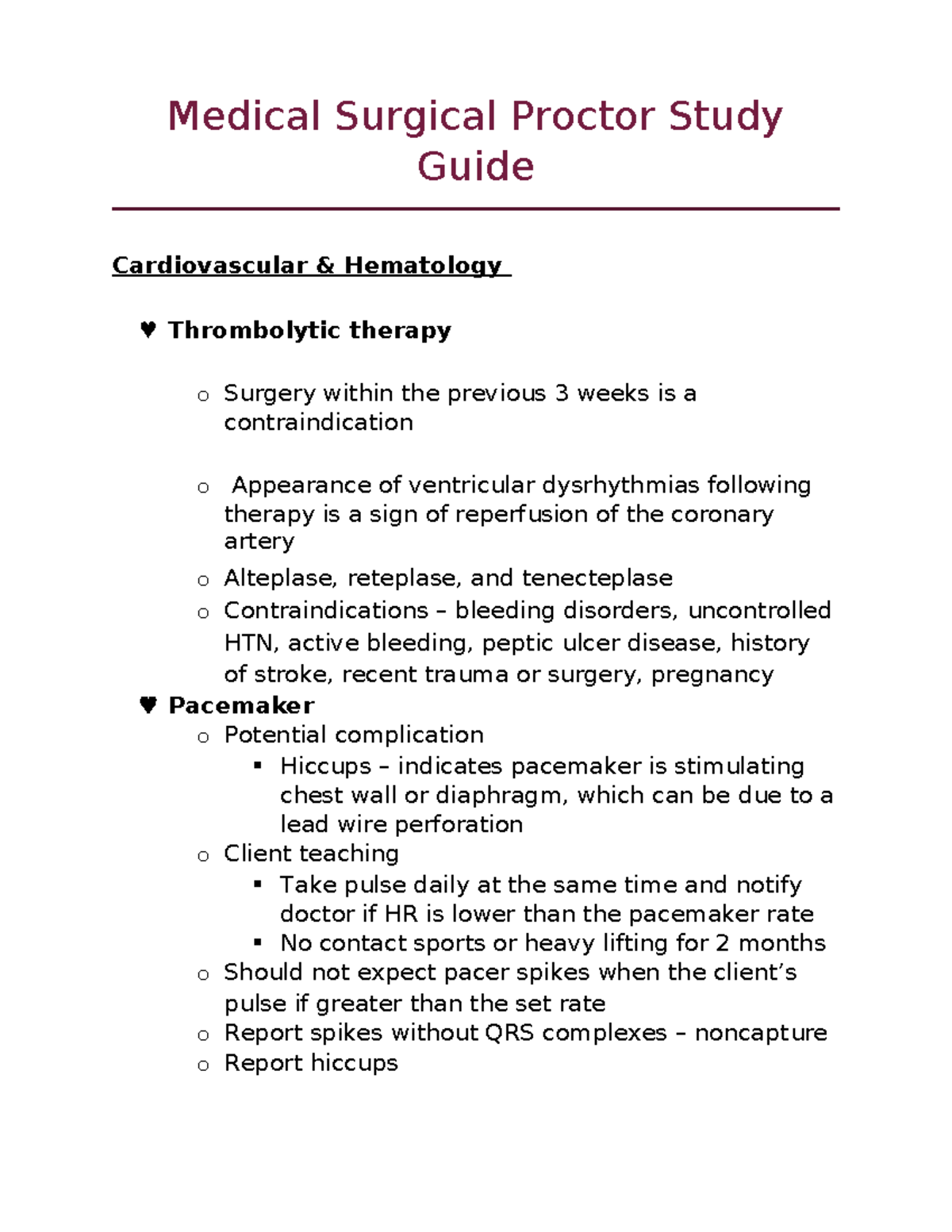 Medical Surgical Proctor Study Guide: Cardiovascular & Hematology - Studocu