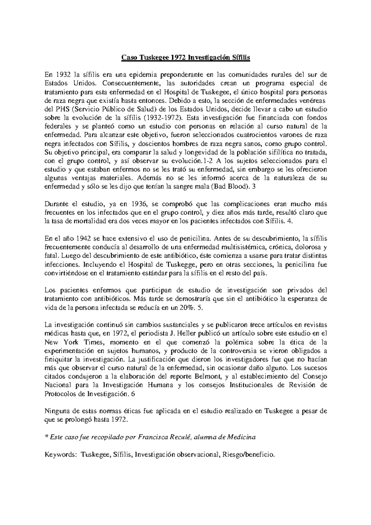 Caso Clínico de Sífilis en Tuskegee (1932-1972): Análisis Crítico - Studocu