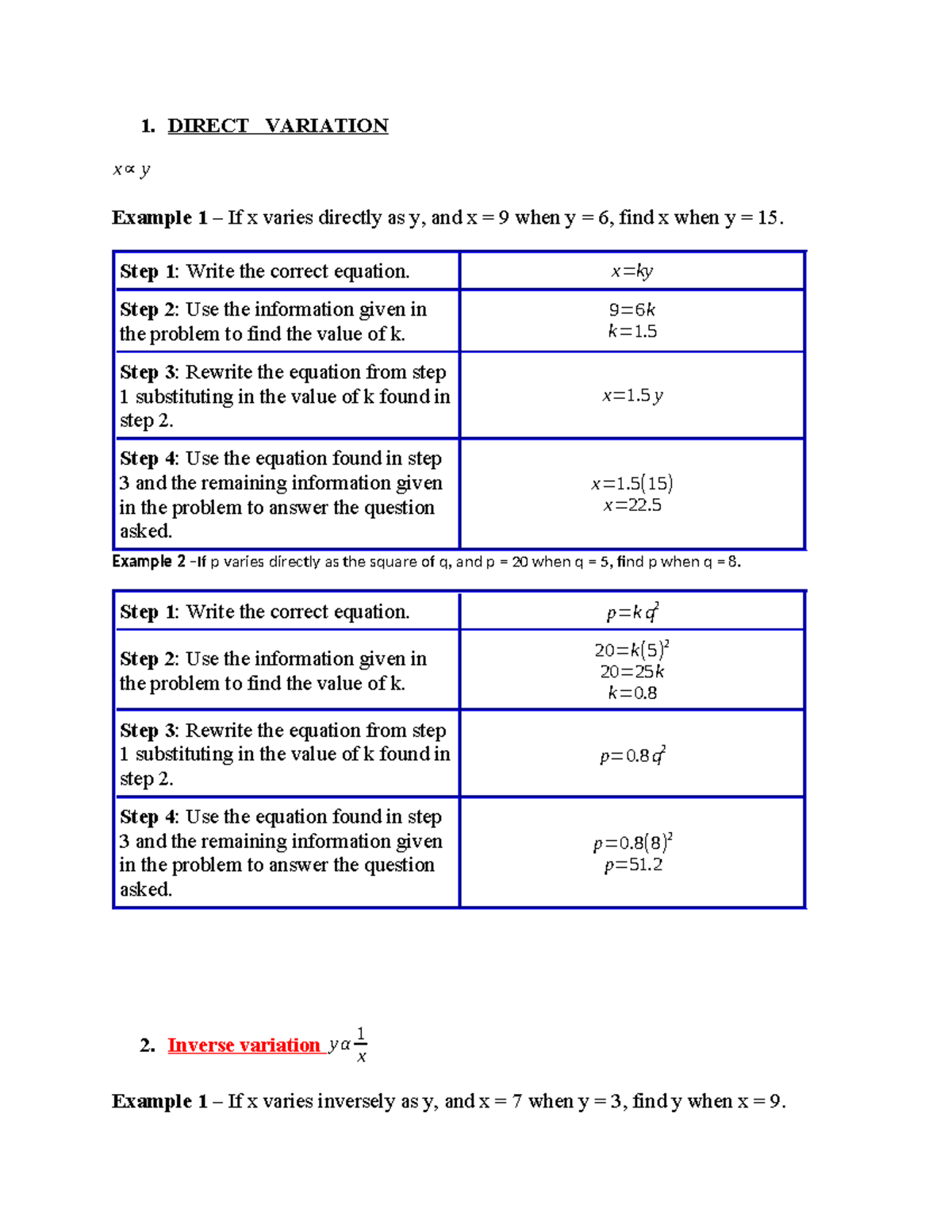 Direct Variation and Inverse Variation Examples and Exercises - Studocu