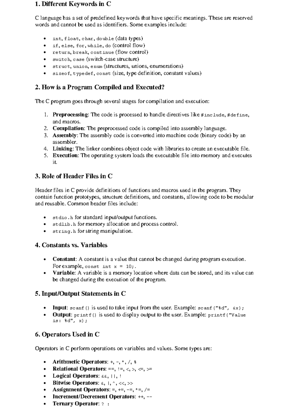 C Programming Concepts and Key Topics - C101 Study Guide - Studocu
