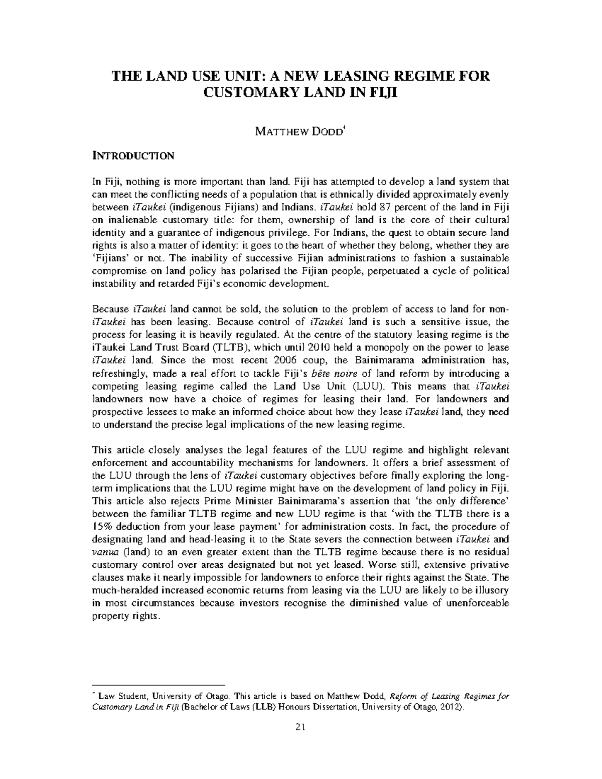 Land Use Unit: Analyzing the New Customary Land Leasing Regime in Fiji ...