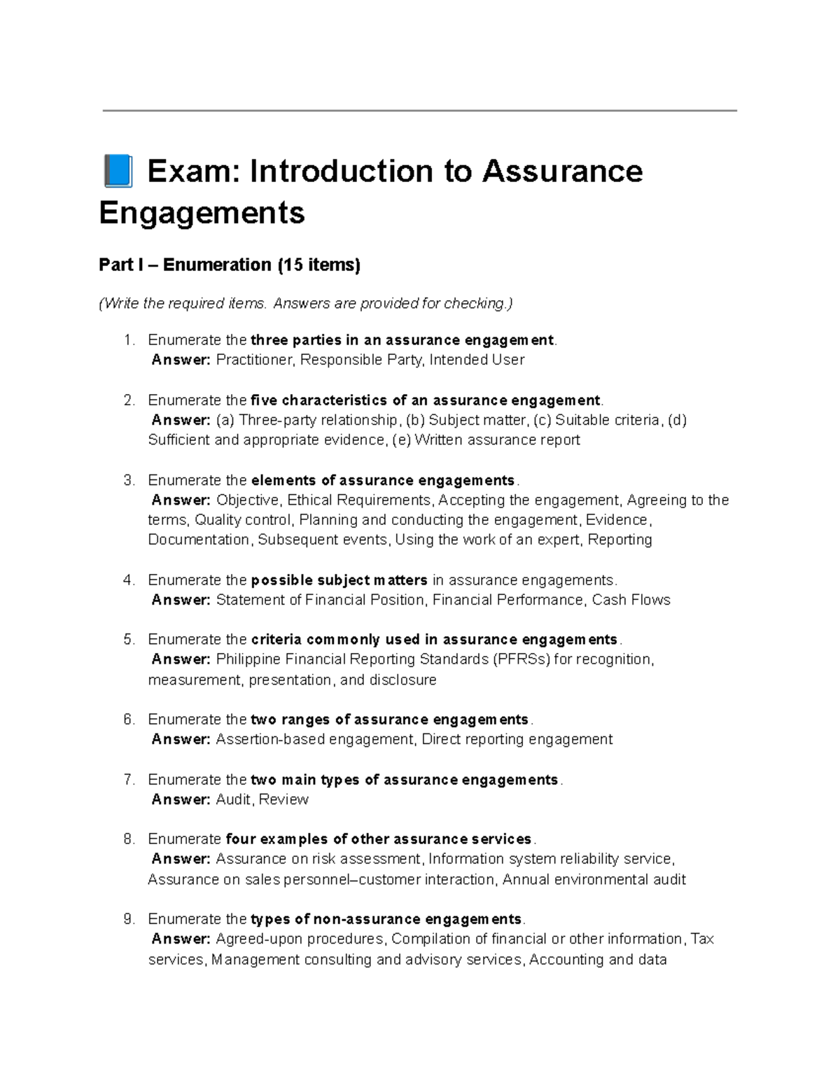 Exam: Introduction to Assurance Engagements Part I & II Enumeration ...